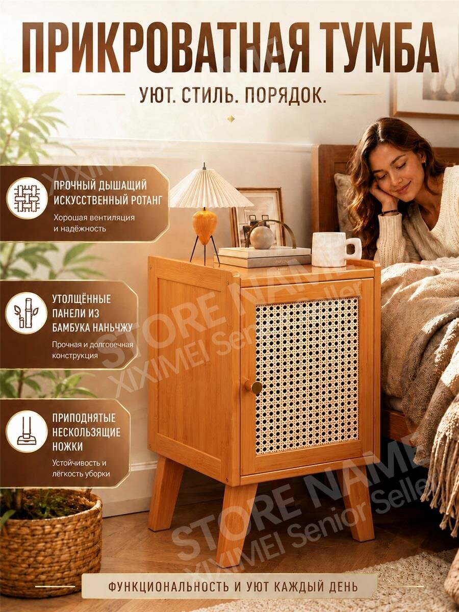 Тумба прикроватная многофункциональная из бамбука, вентилируемая ротанговая дверь, противоскользящие опоры, вместительный шкаф для хранения аксессуаров спальни