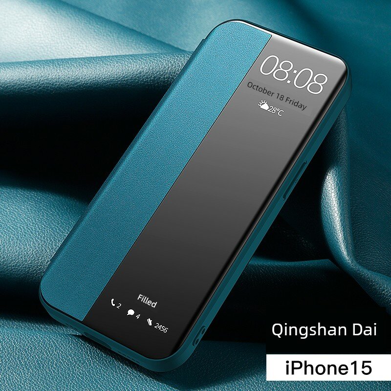 Чехол-флип с умным окном для iPhone 15 Plus в темно-синем цвете с кожаной текстурой