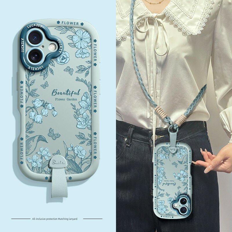 Чехол для iPhone 17e из силикона с кроссбоди-ремешком и защитой от скольжения, дизайн "Древний сад" в
