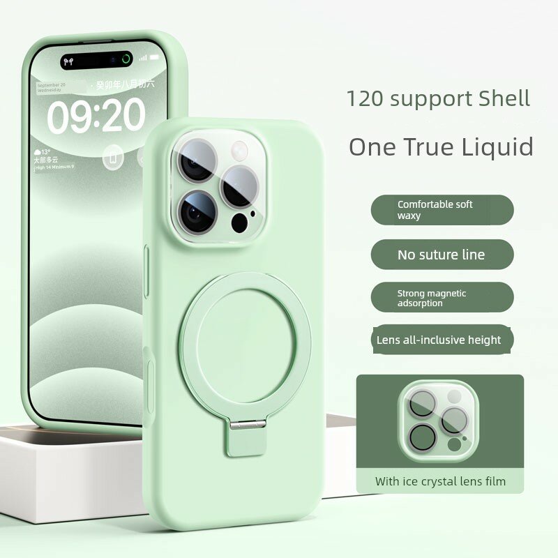 IPhone 16 Plus Полная защита из жидкой силикона с 120° поворотной магнитной подставкой, кристаллическая пленка для