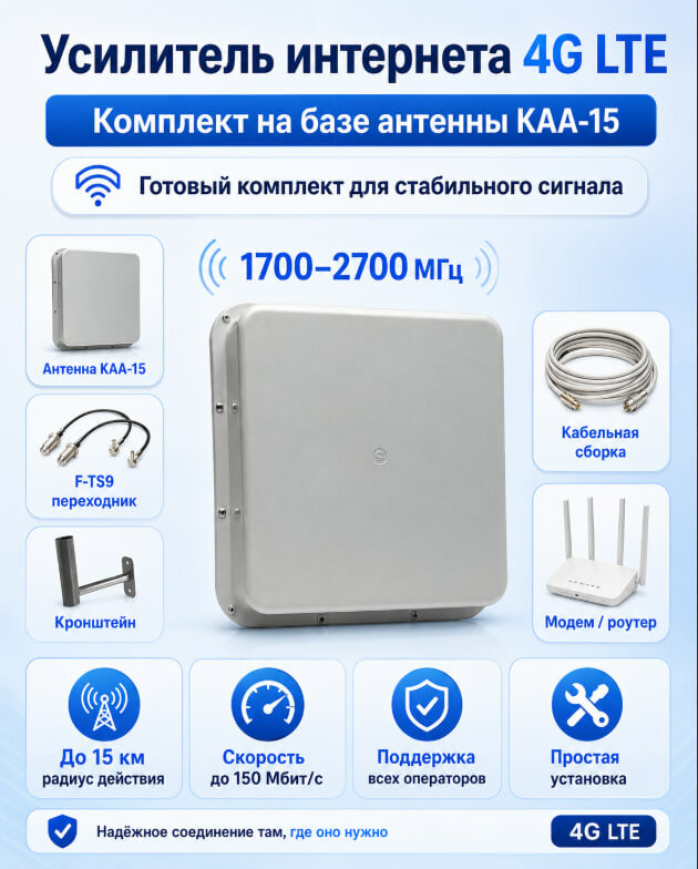Усилитель мобильного интернета 3G/4G LTE для дачи, офиса и загородного дома с антенной KROKS KAA15 1700/2700 MIMO 15 dBi