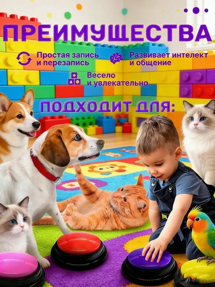 Кнопки общения для собак с записью голоса, обучающие, интерактивные, 4 цвета, развивают интеллект, для тренировки и игр