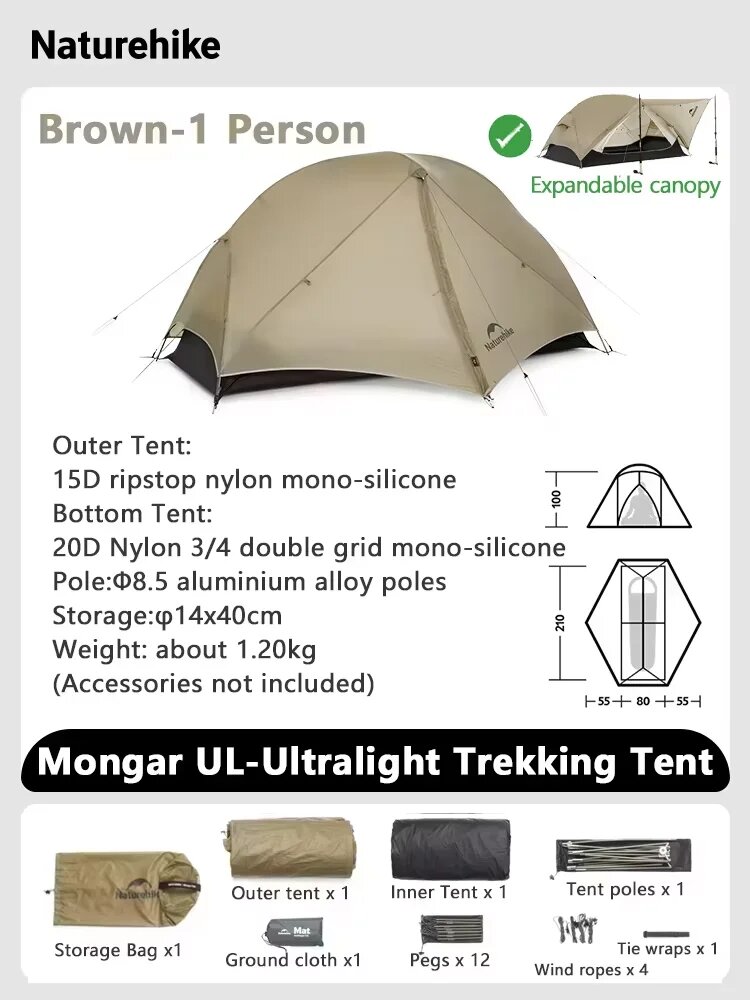 Палатка Naturehike Mongar Pro UL Base 1-3 для кемпинга, укрытие из 20D нейлона, водонепроницаемая палатка для походов, ультralегкая палатка с козырьком