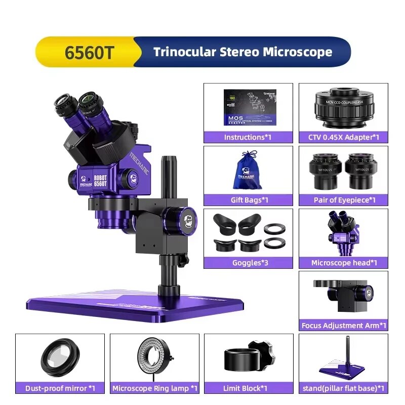 Механический робот 6560T-B11 Trinокулярный стереомикроскоп с регулируемым зумом 6.5X-60X и адаптером CCD для телефона для ремонта пайки печатных плат