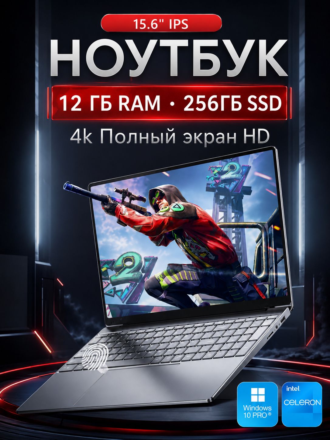 Игровой ноутбук N4000, Windows 10 Pro, SSD 256ГБ, RAM 12ГБ , русская раскладка на ноутбук----Серебряный Стальщик
