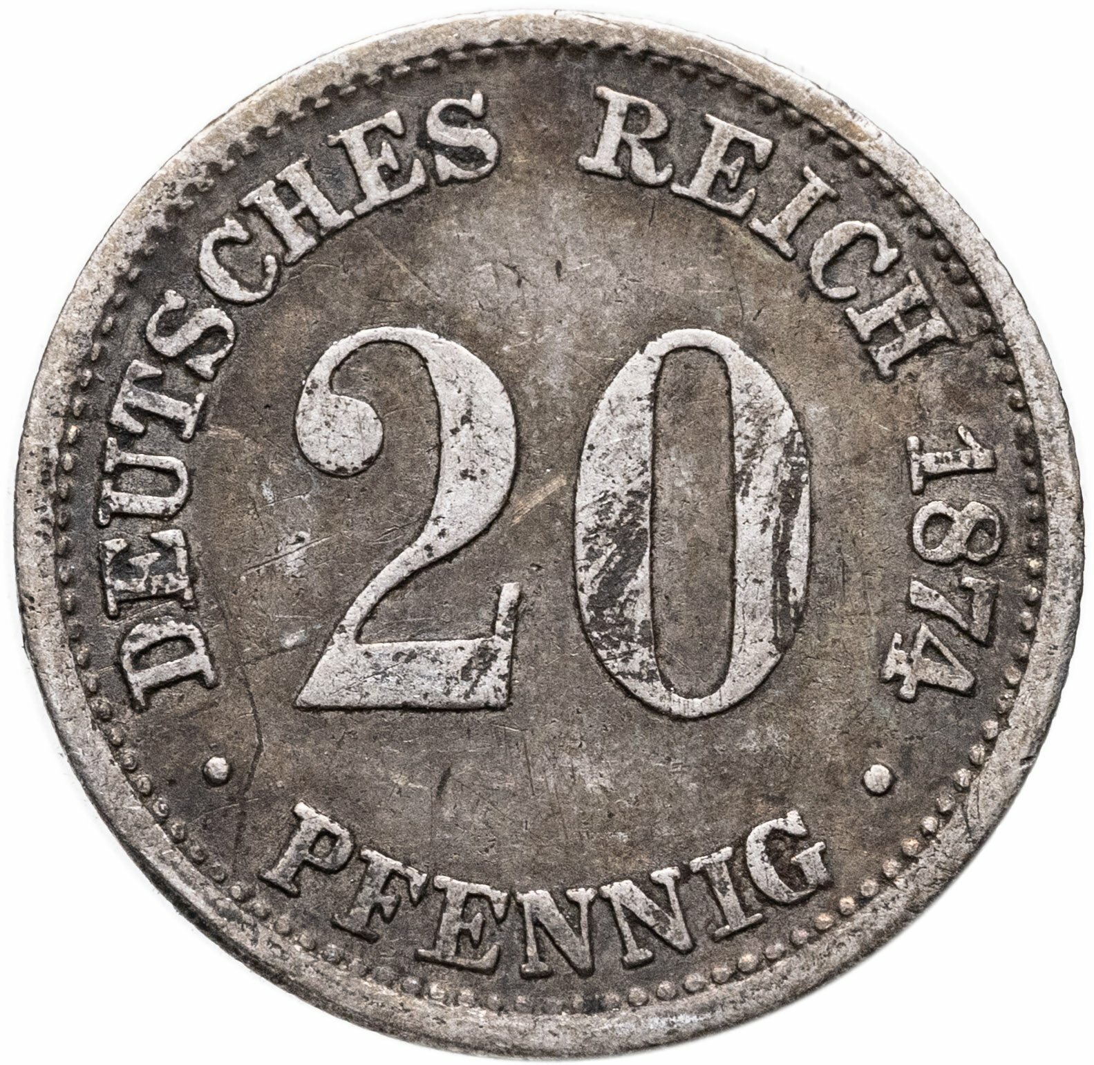 Германия 20 пфеннигов pfennig 1874 D знак монетного двора: "D" - Мюнхен, Серебро 900, в сохранности VF