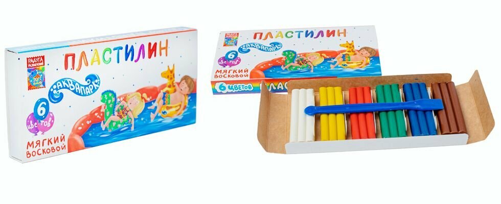 Пластилин восковый (мягкий) "Аквапарк" 6 цветов, 90 грамм, со стеком (ПЛ-Р6-90)