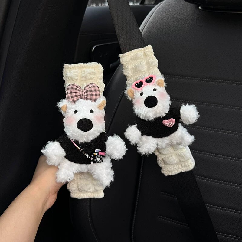 Заголовок на русском: West Highland Dog Theme Coffee Bow Black Sweater Car Seat Belt Protector Hand-Stitched