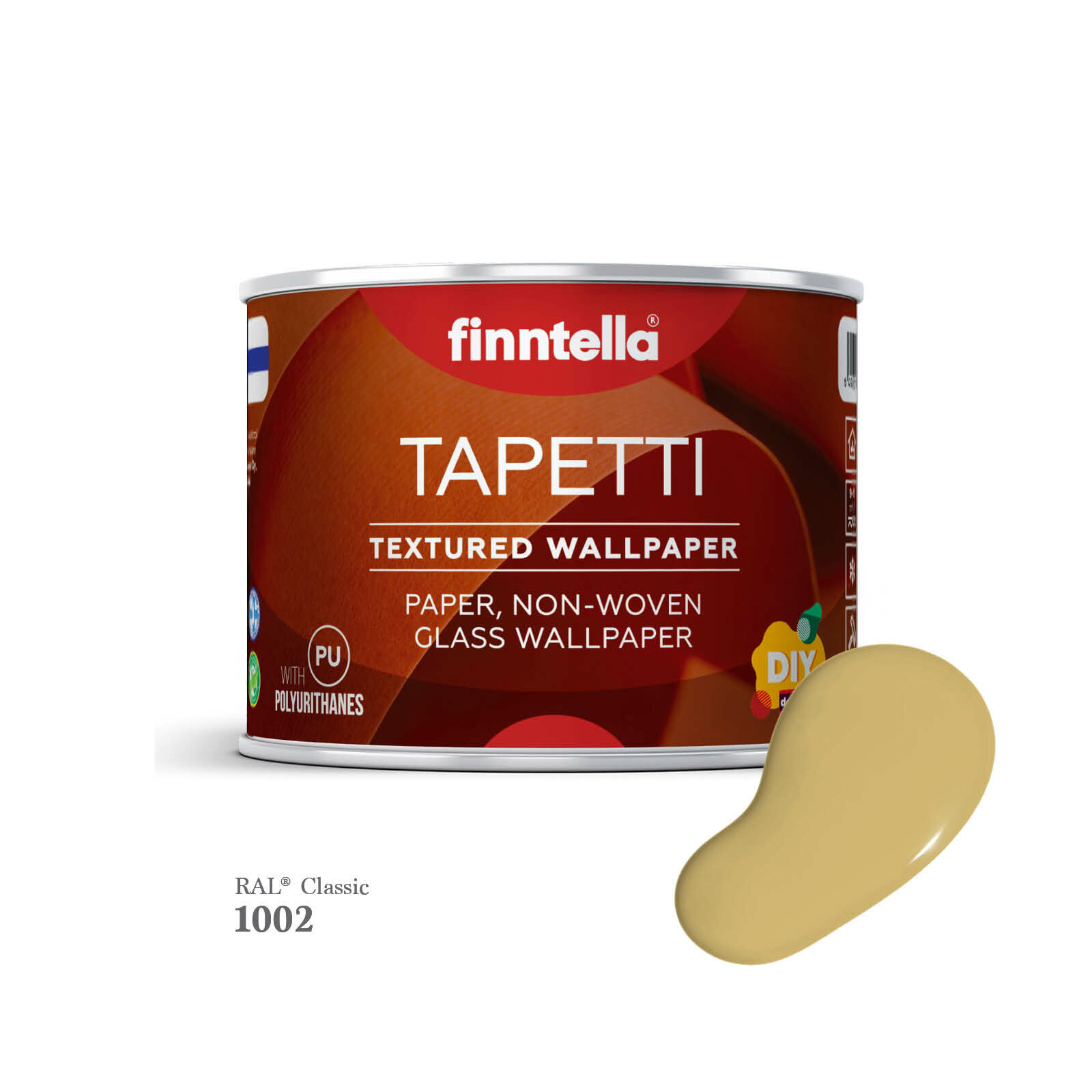 Шелковисто-матовая краска для обоев под окраску TAPETTI SILKKI Matta FINNTELLA, Цвет RAL 1002 Песочно-желтый (Sand yellow), 0,45л