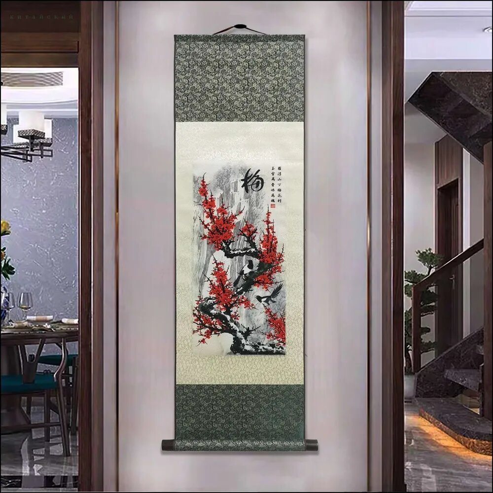 Плакат "Цветы и птицы", 92 см х 30 см, на холсте, украшение стен