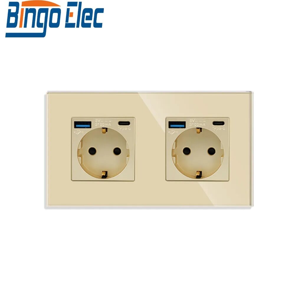 Pозетка Электрическая двойная Тип-С Розетка 16A USB-порт с заземлением панель золотой стеклянная панель 1шт.