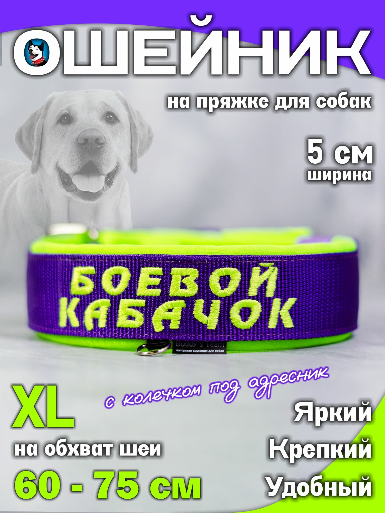 Ошейник для собак Buddy team на пряжке, с вышивкой боевой кабачок, 5 см, с мягким подкладом для средних и крупных пород, размер XL