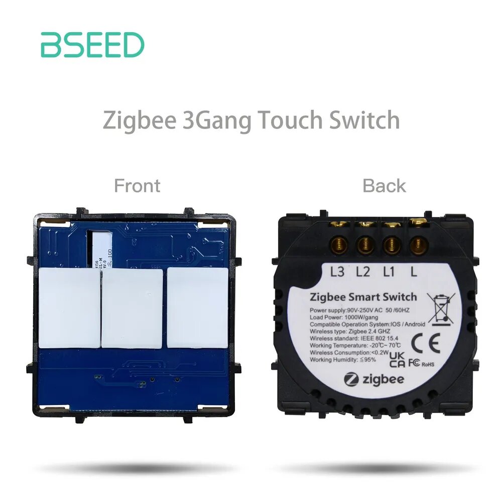 Сенсорный Выключатель Zigbee Механизм,3 клавиша, без нуля на, работает со шлюзом, 250V