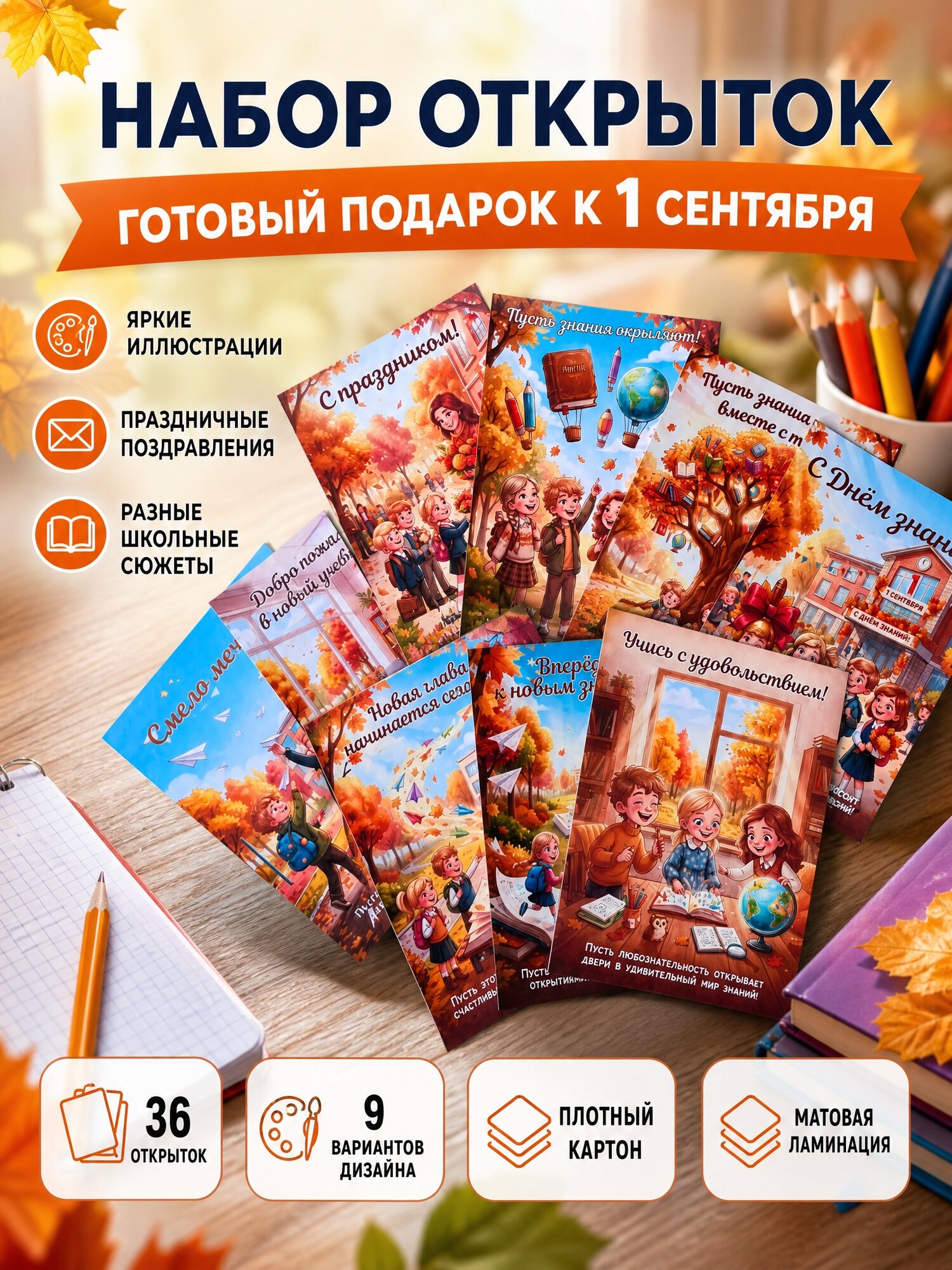 Набор мини-открыток ко Дню знаний 36 штук по 9 вариантов дизайна