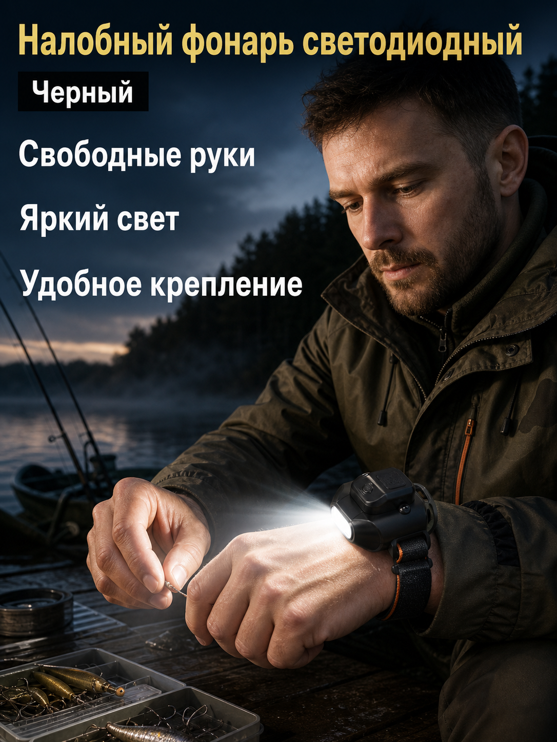 Светодиодный фонарь на запястье USB перезаряжаемый водонепроницаемый для рыбалки и ремонта черный
