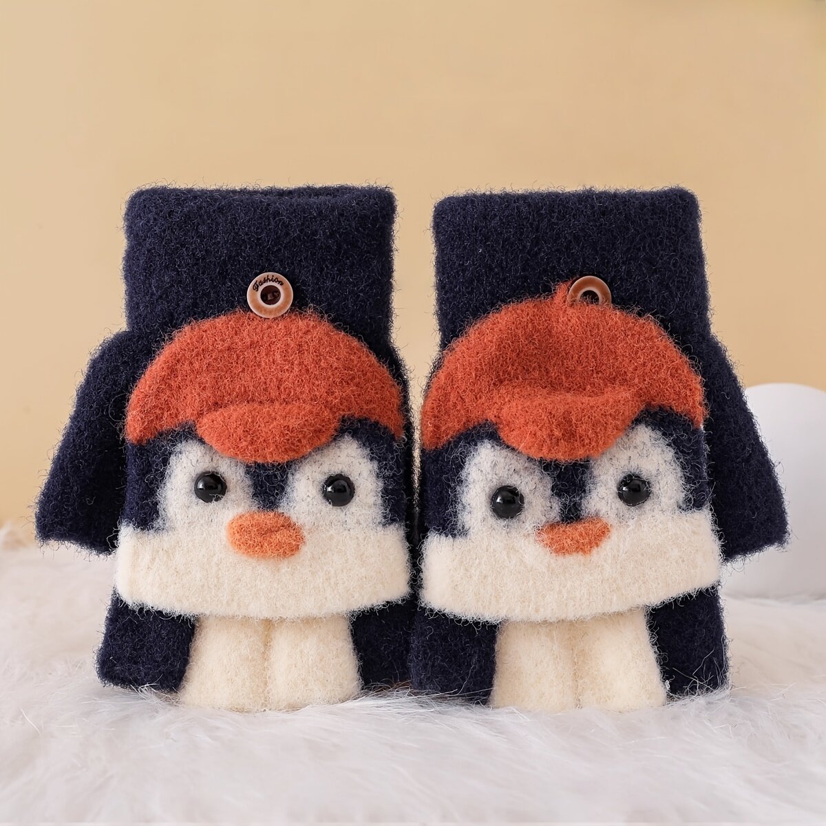 Детские зимние варежки-перчатки с откидным верхом, темно-синие с мультяшным пингвином, для мальчиков и девочек