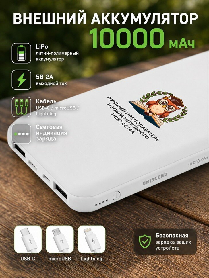 Внешний аккумулятор Power Bank 10000 мАч с надписью "Лучший преподаватель изобразительного искусства"