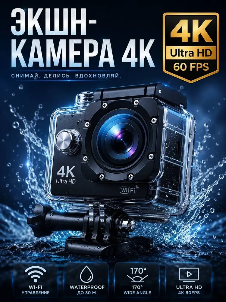 Экшн камера; 4К водонепроницаемая с креплением на шлем