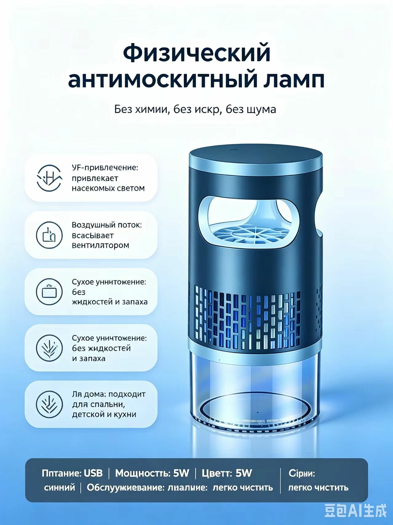 Антимоскитная лампа-ловушка, стандартная прямая вставка, ультрафиолетовая, бесшумная, физическое уничтожение комаров
