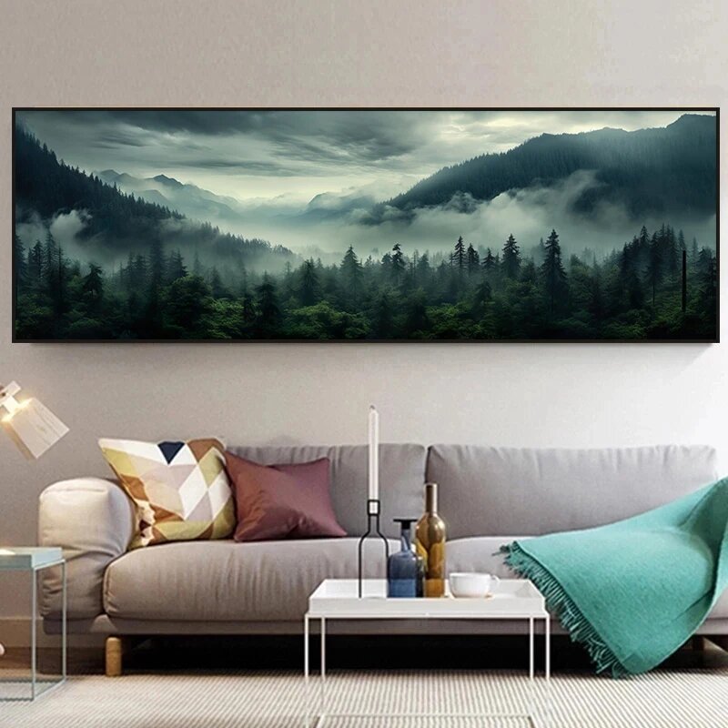 Постер на стену "Туман над горным лесом", 40x120 см, без рамы