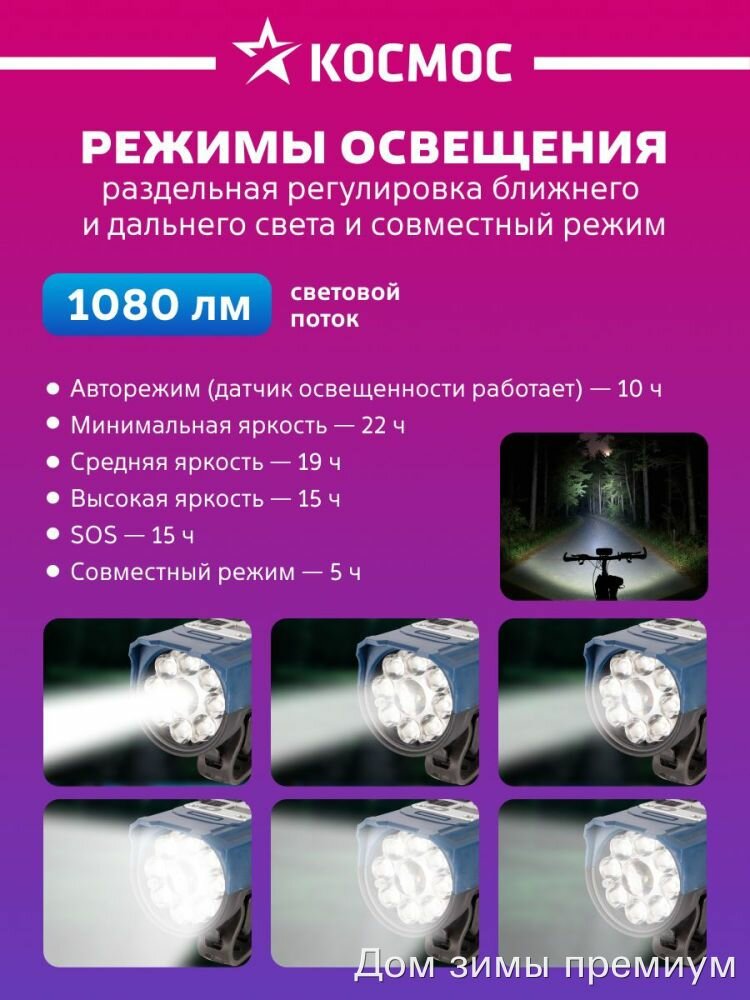 Велофонарь Космос умный с ближним и дальним светом, лазерный диод, 1080 Лм, IPX5, 22 ч, для велосипеда — фото 1