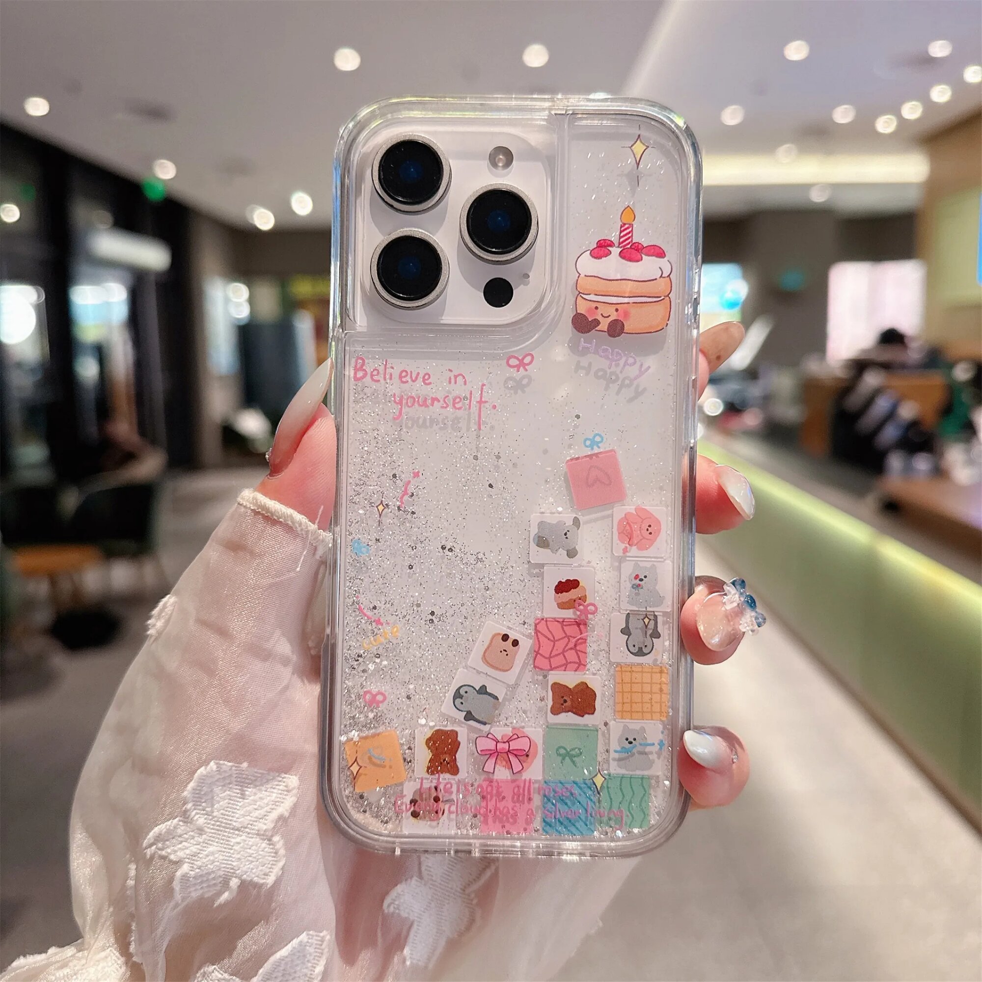 Прозрачный Противоударный Чехол Funda Cute Cake Slider С Эффектом Жидкого Глиттера И for iphone 16