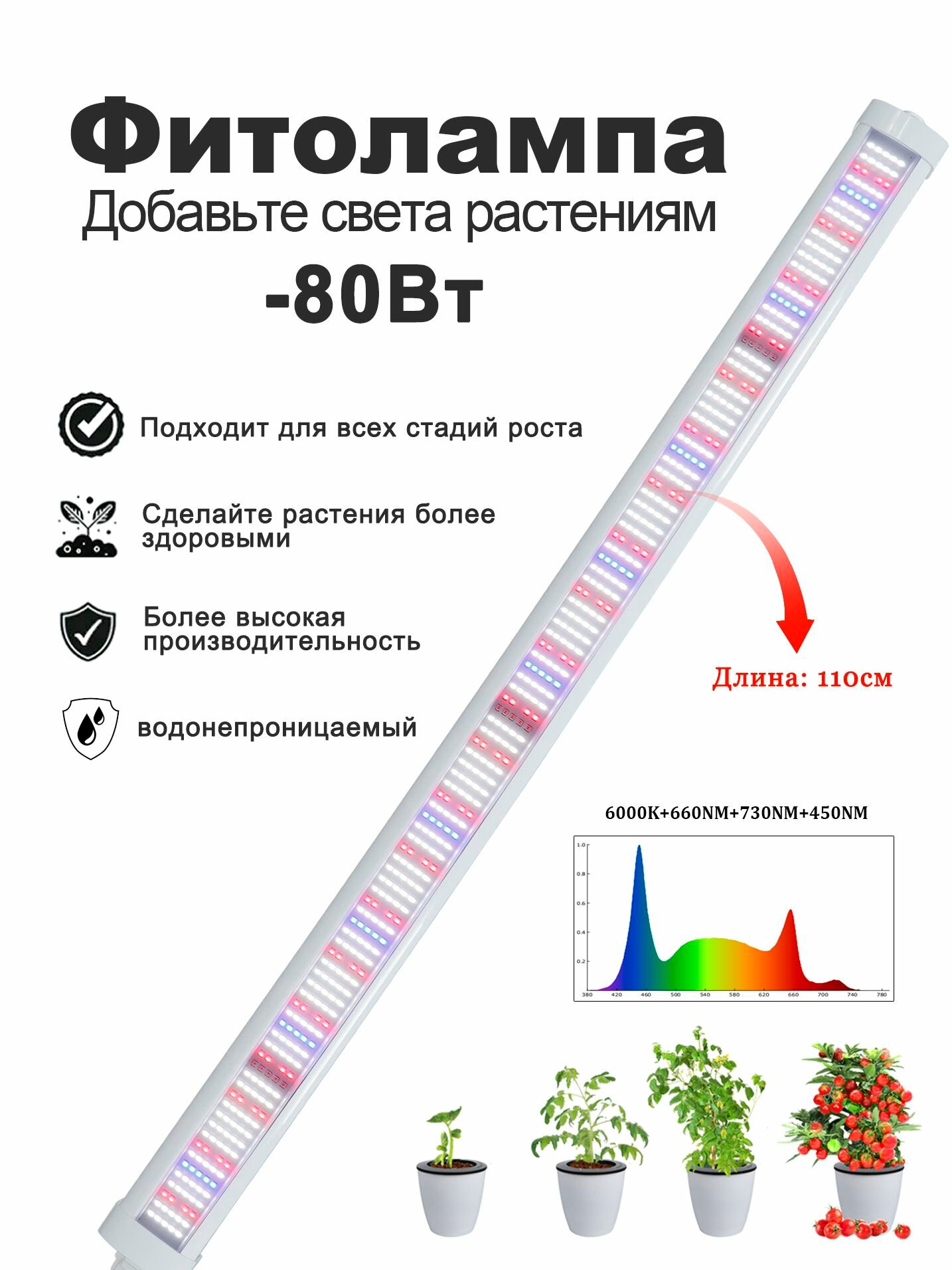 Фитолампа для растений 80 ватт 110 см полного спектра лампа для рассады и цветов, линейная белая, 6000К IP65, волны 450/660/730 нм