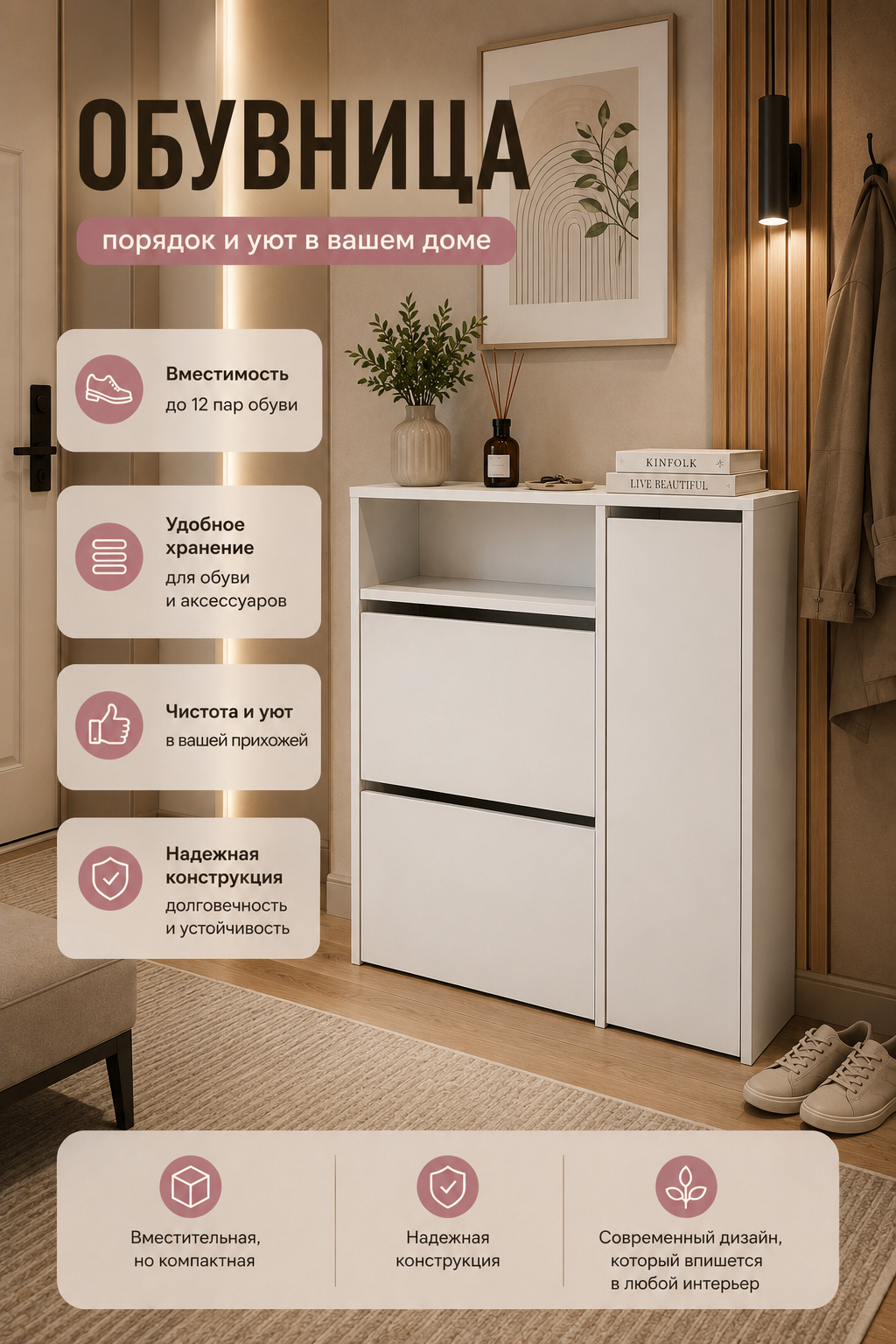 Обувница ECV GROUP, закрытая, ЛДСП, белая, 12 пар обуви, 81x25x100 см