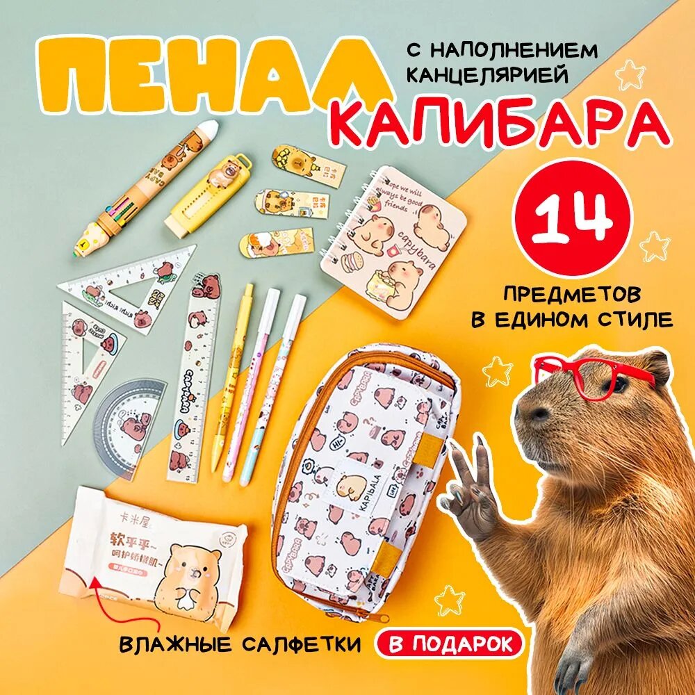 Пенал школьный Капибара с наполнением канцелярией