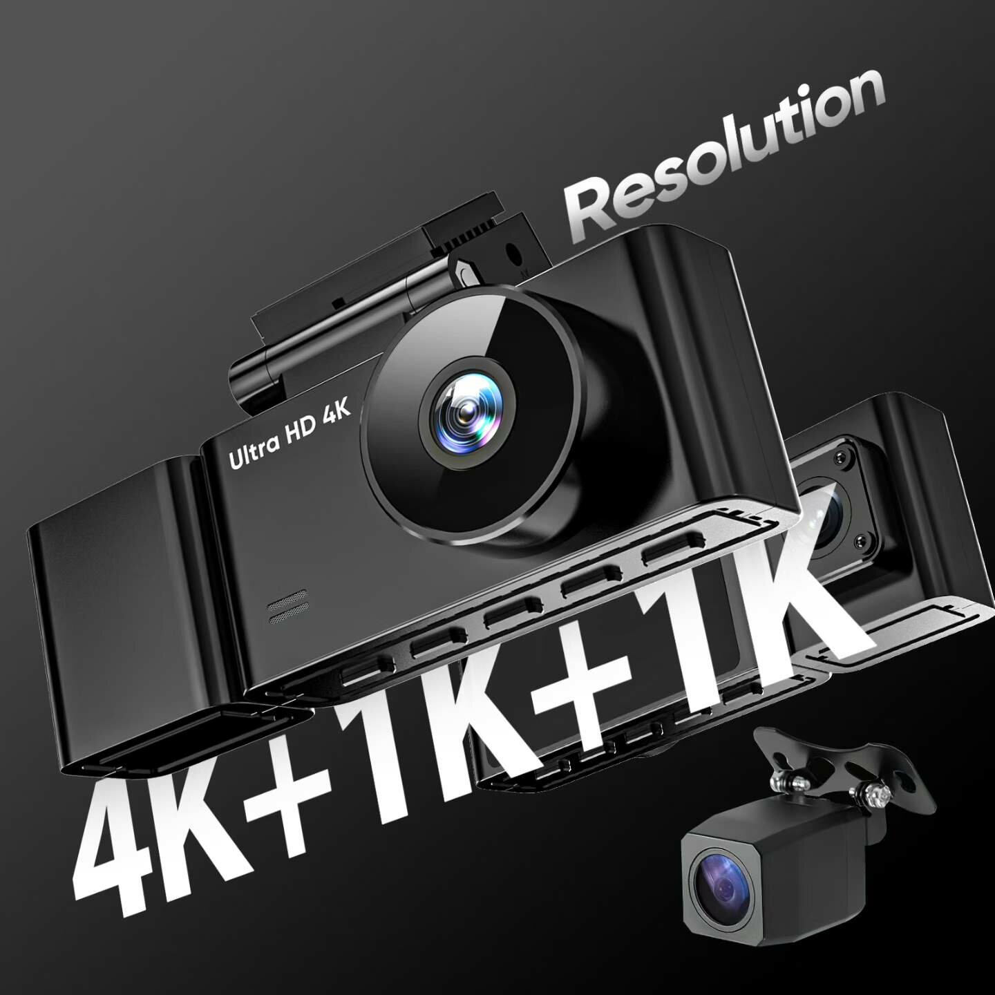 Видеорегистратор для автомобиля с тремя камерами и ночной съемкой , WiFi, 4K UHD, Mulit-channel