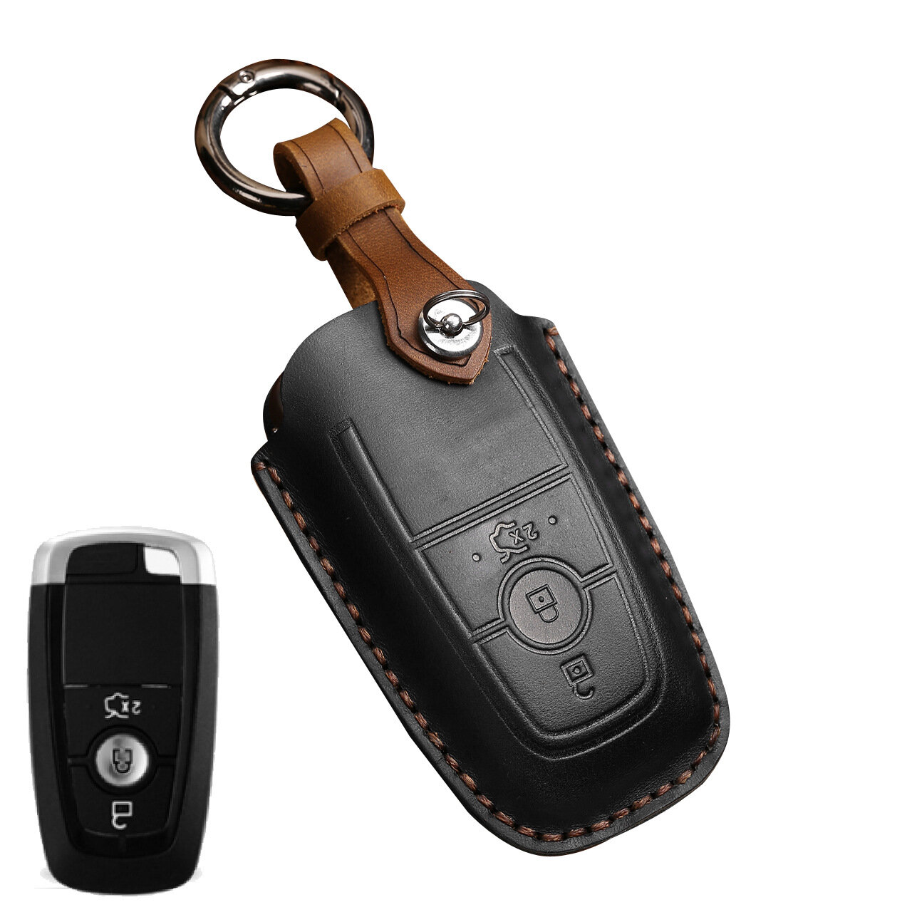 Кожаный чехол для ключа Ford Lincoln - 3-кнопочный багажник черный (F-150 Raptor, Explorer, Everest, Mondeo, Edge)