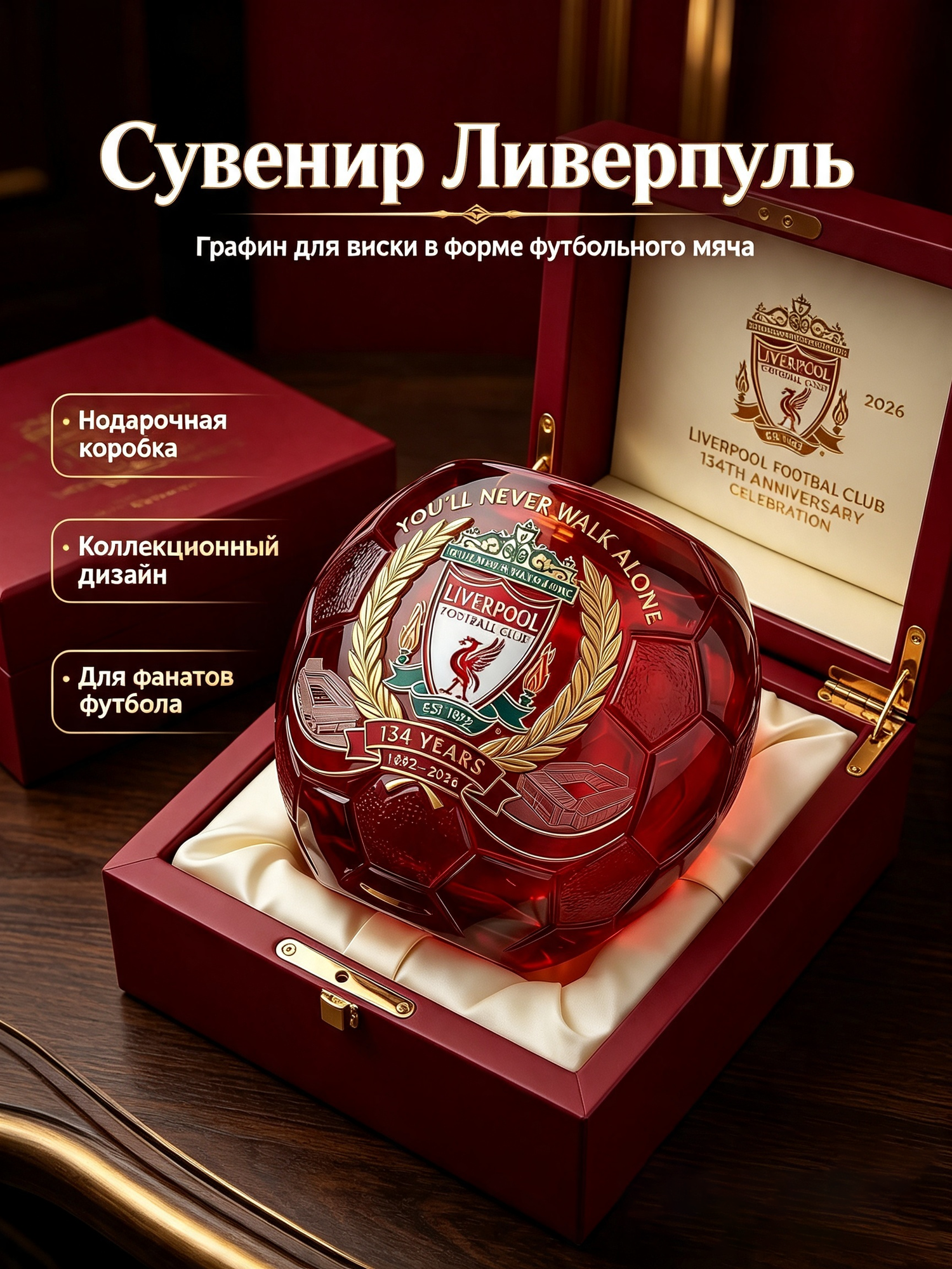 Сувенир Ливерпуль графин в форме футбольного мяча, подарок болельщику Liverpool FC в подарочной коробке