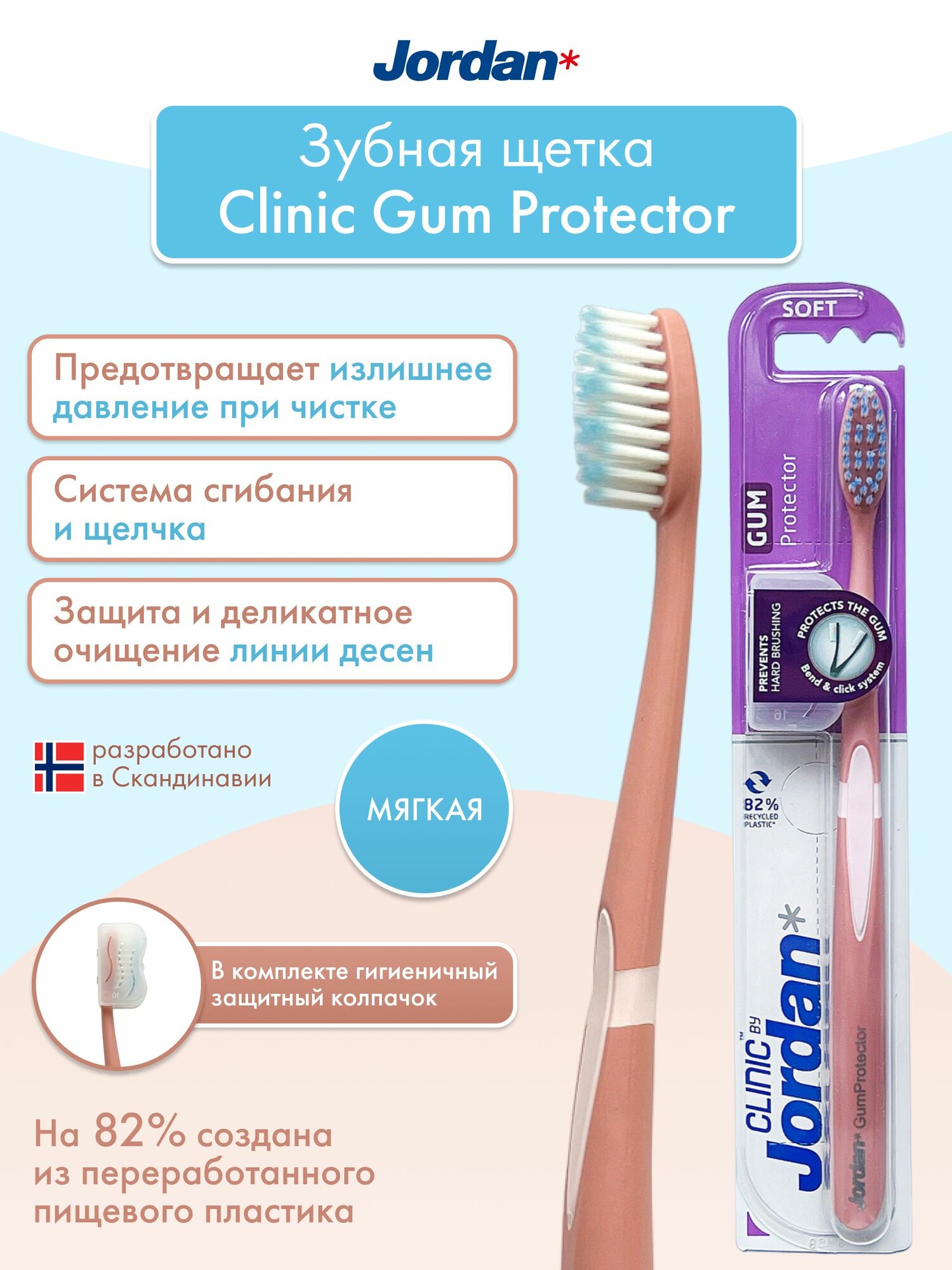 Зубная щетка Jordan Clinic Gum Protector мягкая, с механизмом предотвращающим излишнее давление при чистке