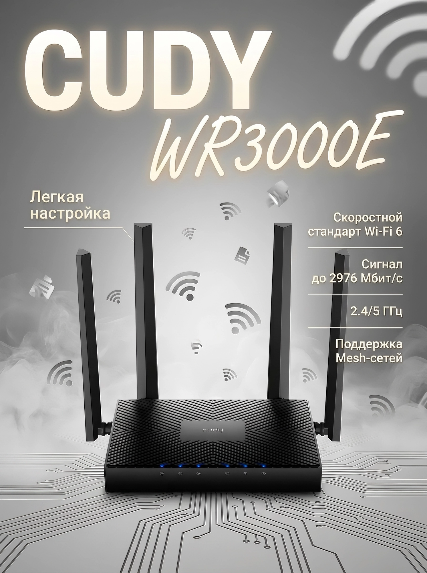 Wi-Fi Роутер Cudy WR3000E 2.0, гигабитный, Wi-Fi 6 AX3000, поддержка Mesh, черный