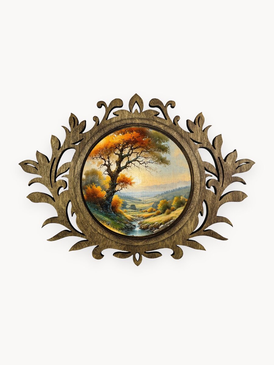 Картина "Ручей на закате" Универсальный Свиток, холст, дерево, овальная