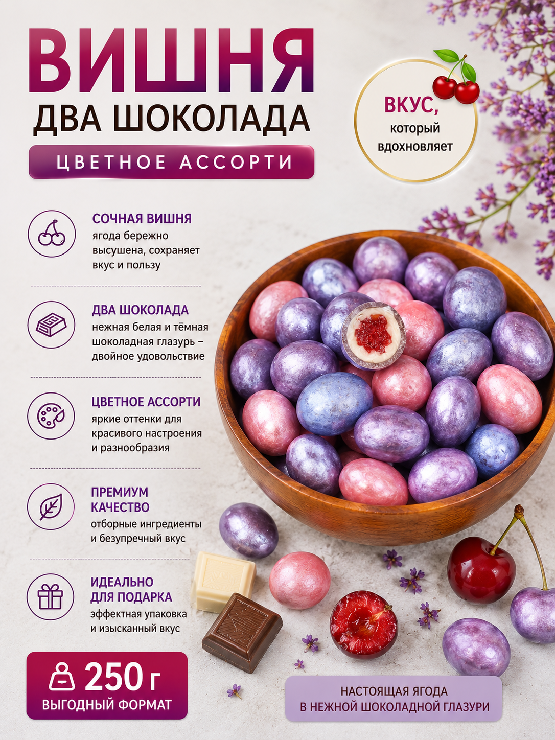 Драже вишня "Два шоколада" цветное ассорти 250 г