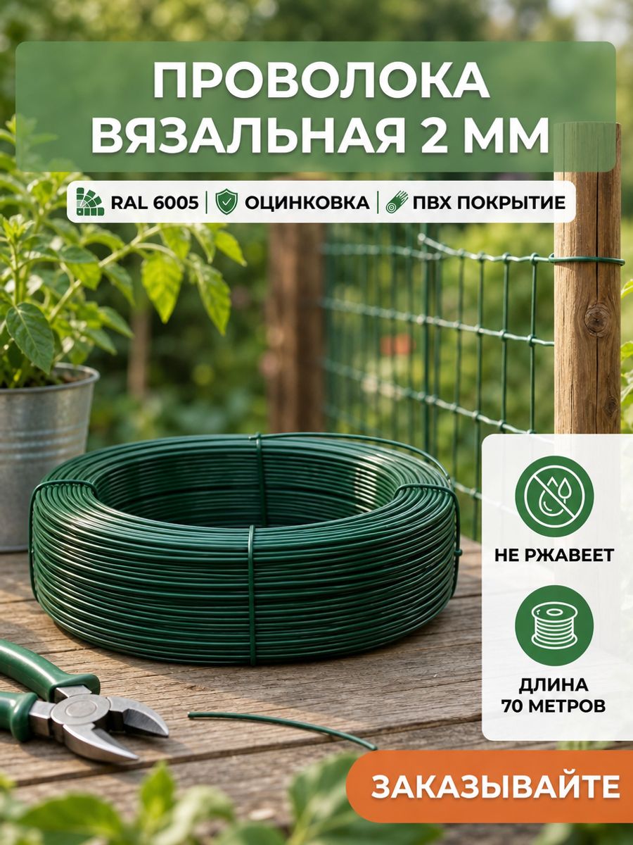 Проволока 70 м оцинкованная d 2 мм с ПВХ покрытием мягкая зеленая RAL 6005