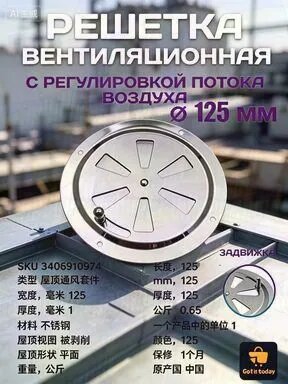 Решетка вентиляционная металлическая, круглая, регулируемая с задвижкой для бани, нержавеющая сталь, 125 мм.