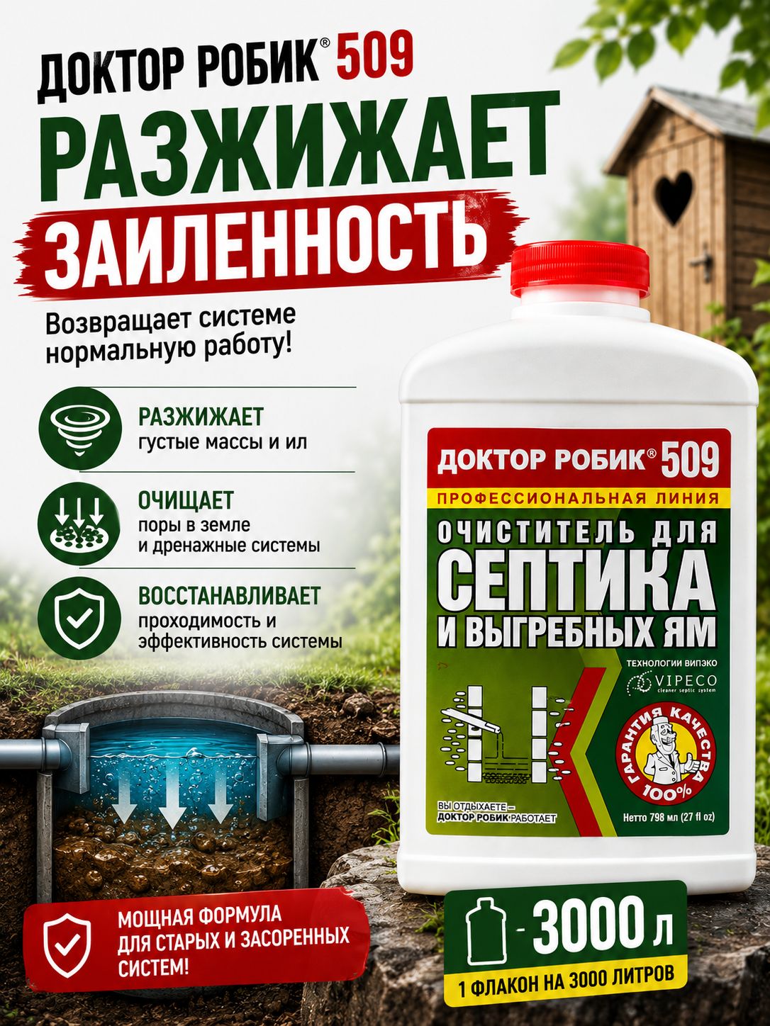 Очиститель для септика и выгребной ямы "Доктор Робик 509", 798мл