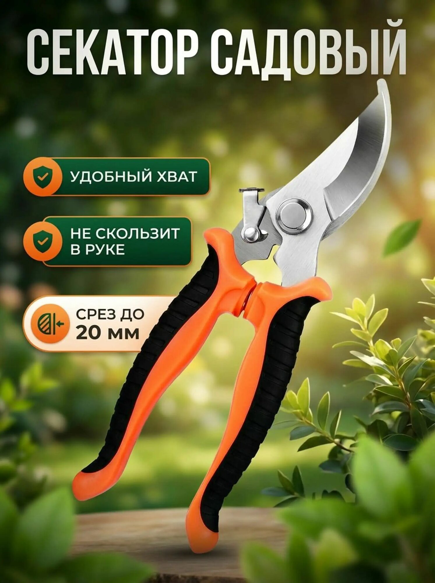 Секатор садовый, универсальный, для растений, деревьев и цветов, оранжевый