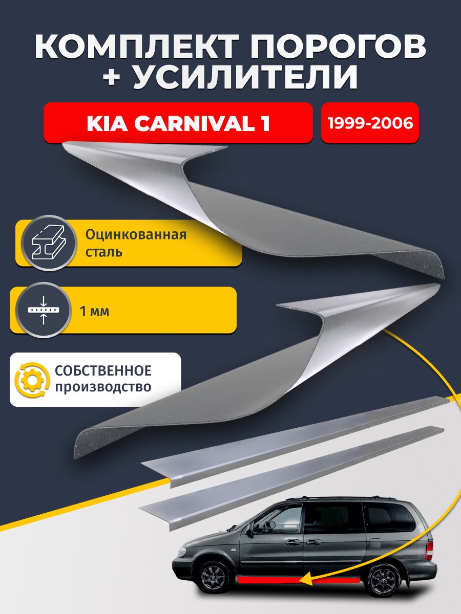 Ремонтные пороги комплект (2 шт.) и усилители (2 шт.), для Kia Carnival 1 1999-2006, оцинкованная сталь 1 мм. (Киа Карнивал 1), пороги и усилители. Кузовной ремонт.