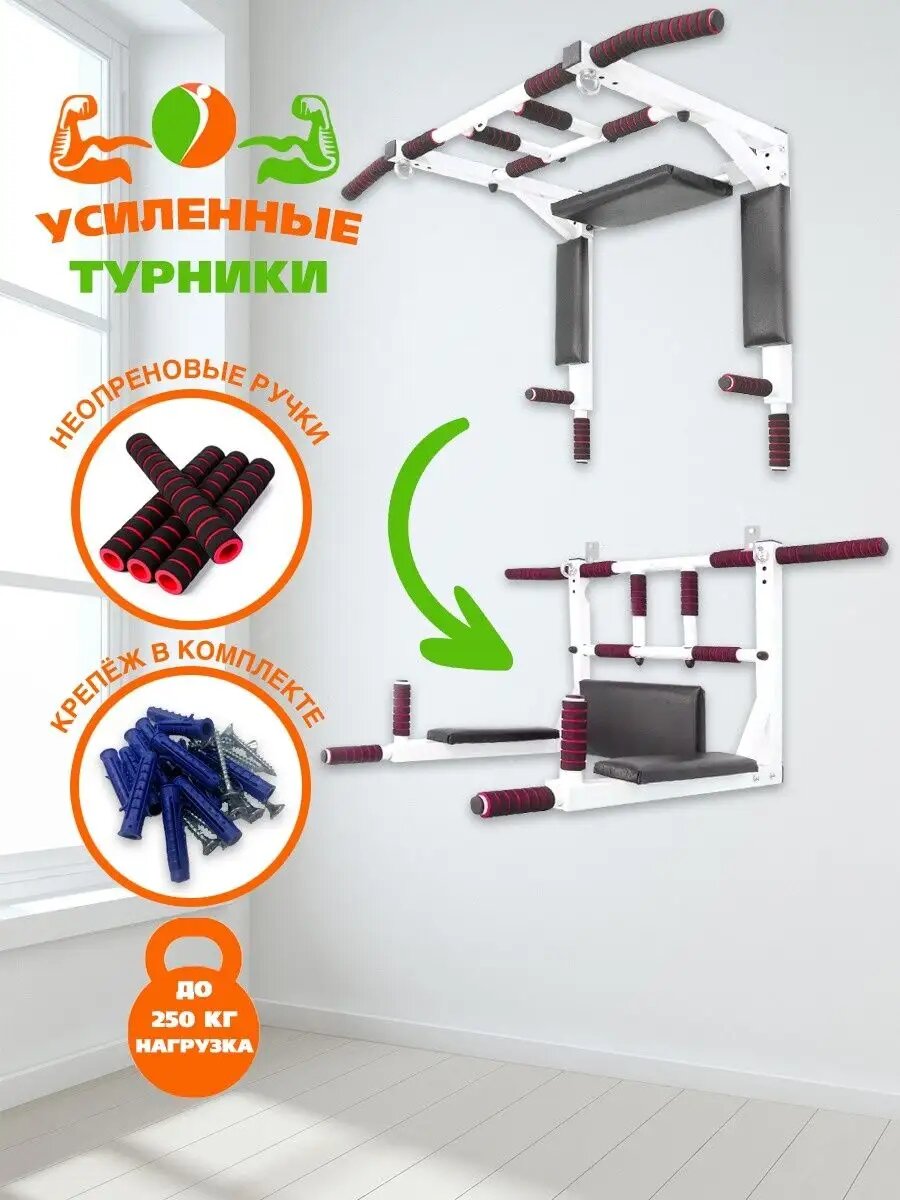 Турник брусья 3в1 настенный Белый