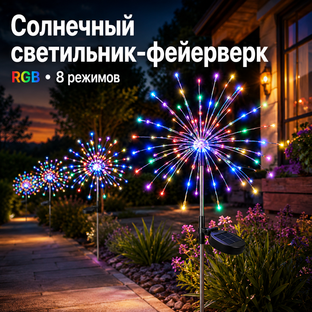 Светильник садовый солнечный Фейерверк, RGB, 90 LED, IP65, 8 режимов, для газона и сада