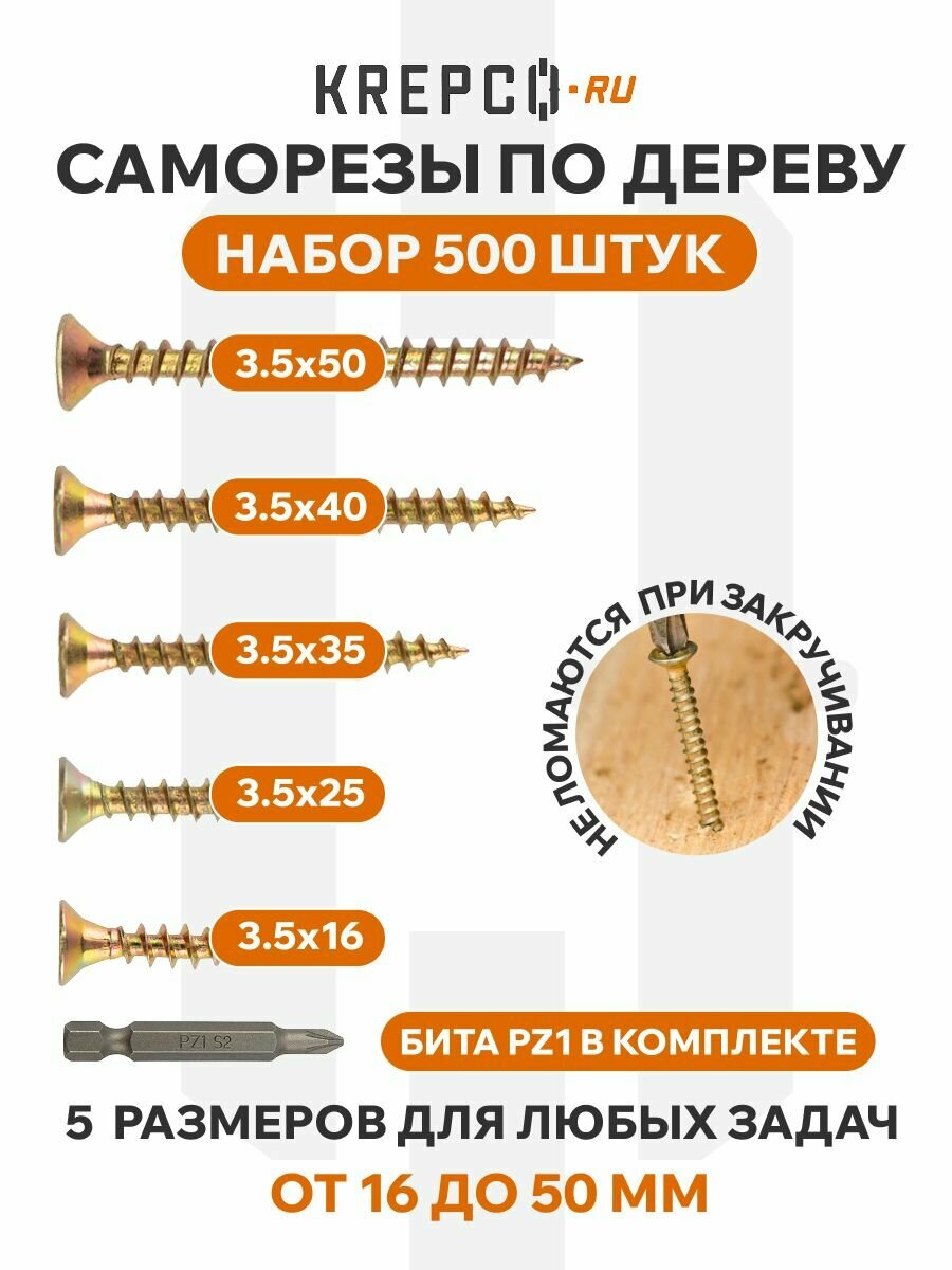 Набор саморезов универсальных потай PZ 3,5х16/25/35/40/50 мм, желтый цинк, 500 шт + бита PZ1