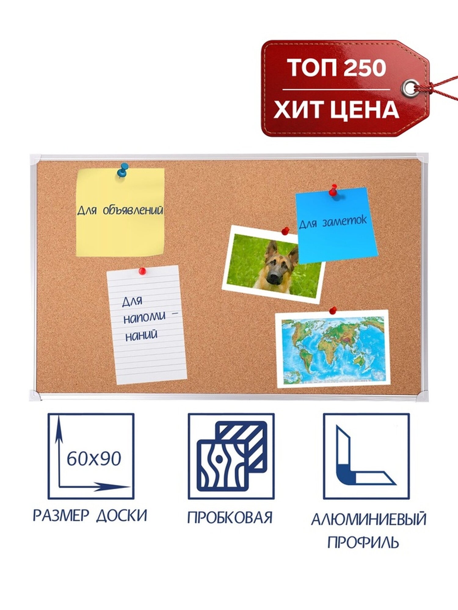 Доска пробковая 60х90 см, Calligrata стандарт, в алюминиевой рамке