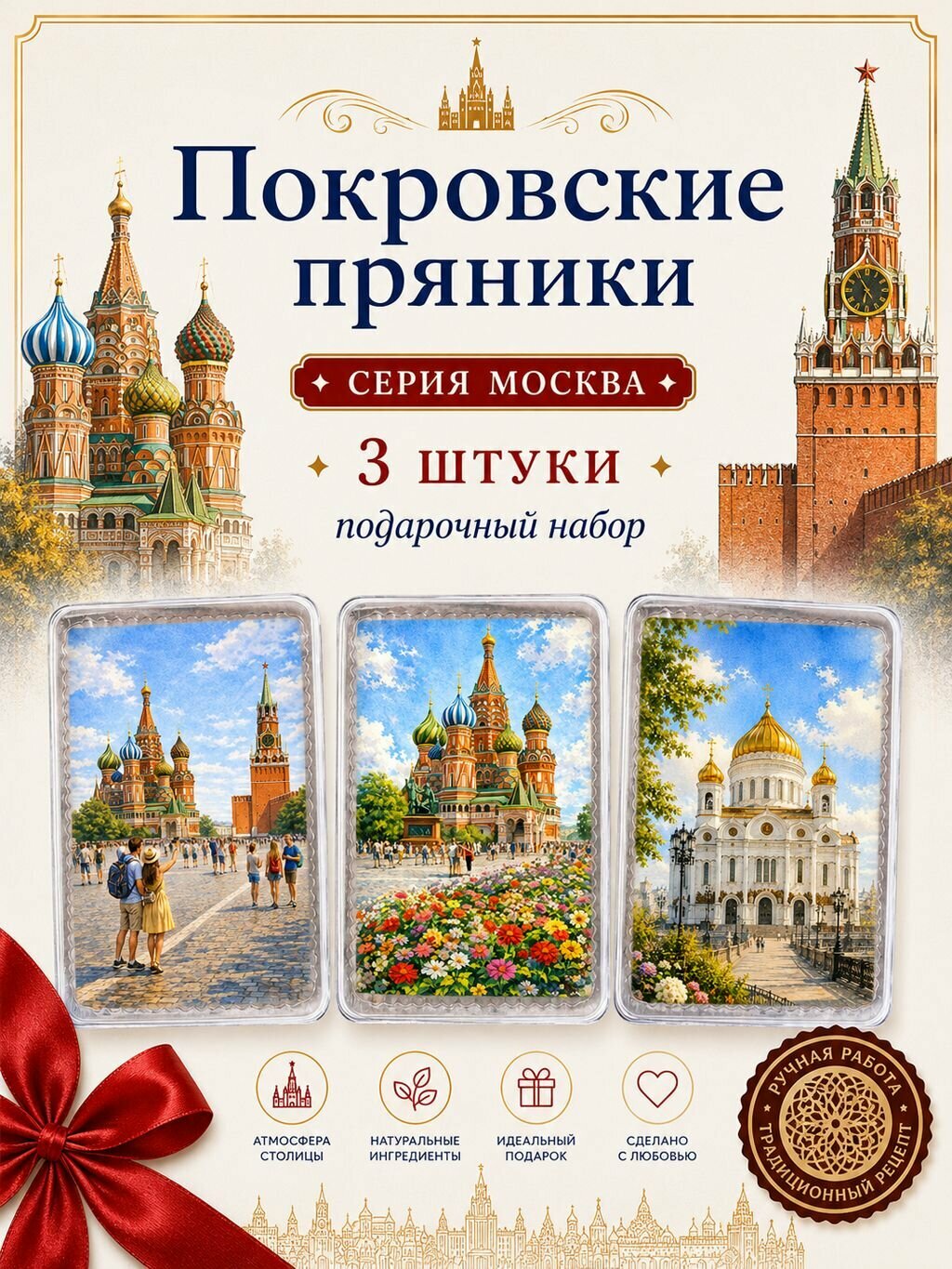 Подарочный набор покровских пряников 3 шт по 140 гр "Красная площадь", "Храм Василия Блаженного", "Храм Христа Спасителя"