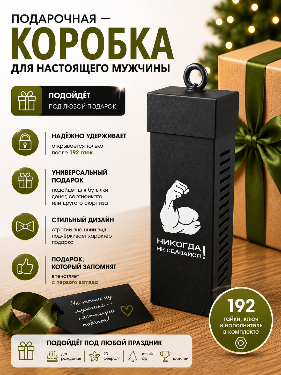 Подарочная коробка-клетка для бутылки «Никогда не сдавайся», металлическая, черная