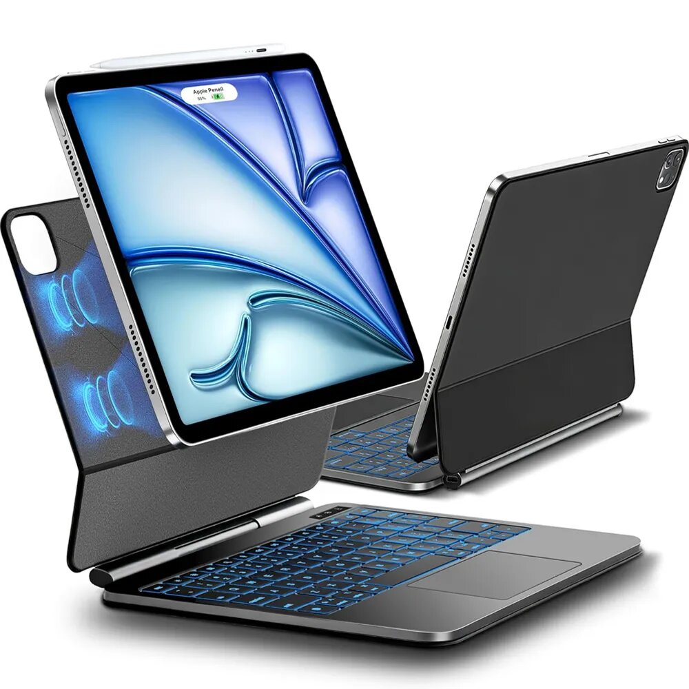 Чехол-клавиатура для iPad Air 11 дюймов M4/M3/M2(2026,2025,2024), iPad Air 5-го/4-го поколения и iPad Pro 11 дюймов(4-го/3-го/2-го/1-го поколения), чехол с клавиатурой, Магнитное крепление, трекпад, Черный