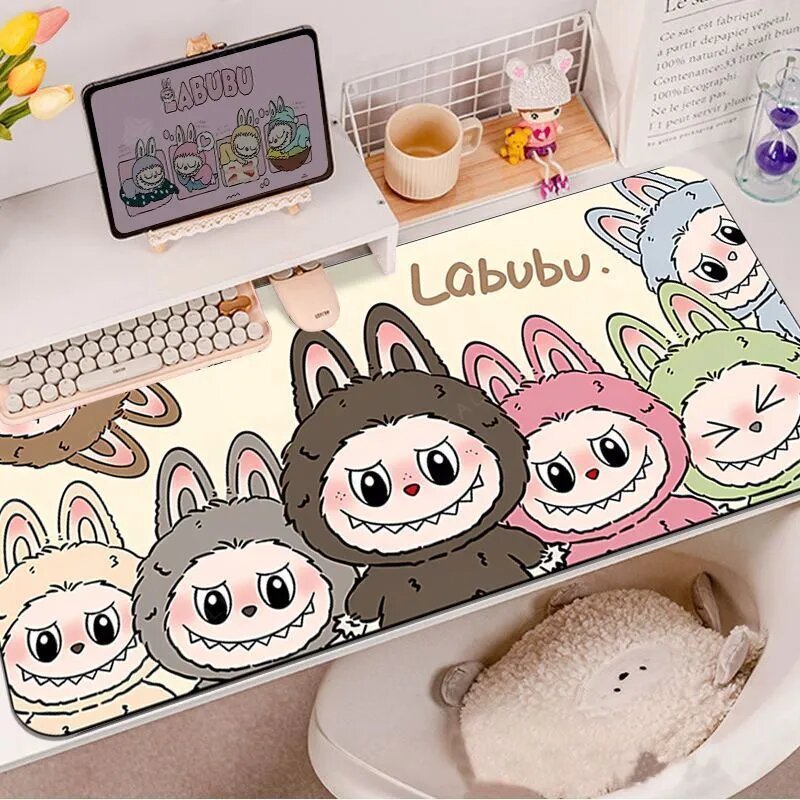 Коврик для мышки Labubu XXL, серый, шоколадный, 90x40 см, с прошитыми краями