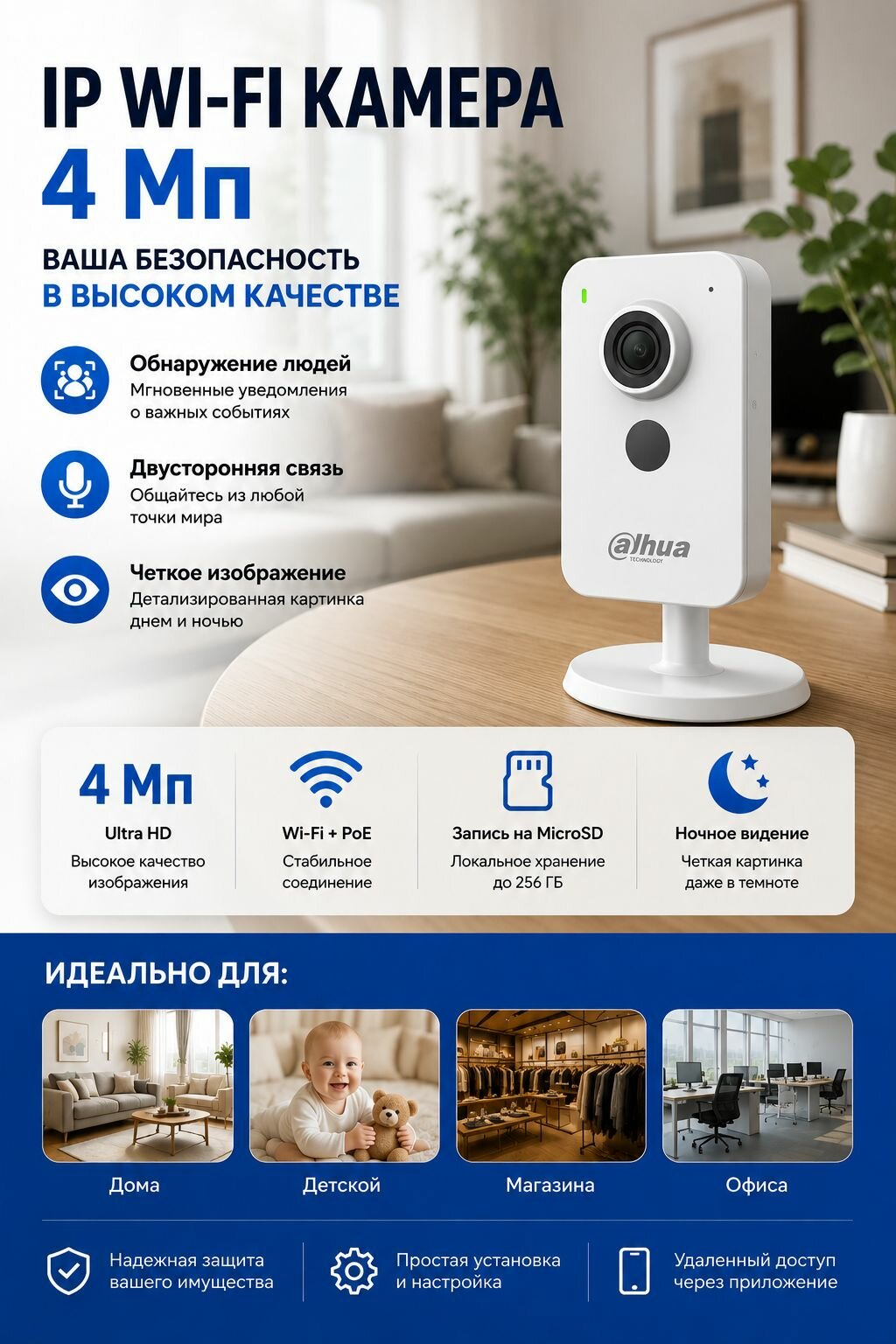 Wi-Fi камера для дома Dahua 4Мп DH-IPC-C4KP-P-0280B встроенный микрофон и динамик; MicroSD; PoE